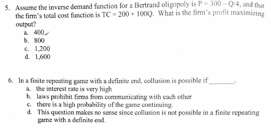 Solved 5. Assume the inverse demand function for a Bertrand | Chegg.com