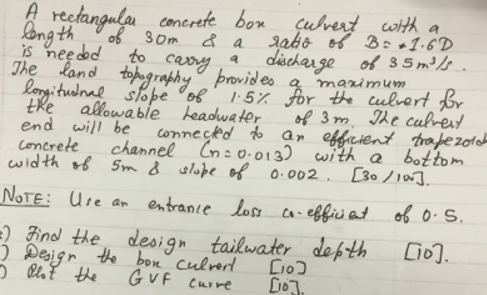 Solved A rectangular concrete box culvert with alength of | Chegg.com