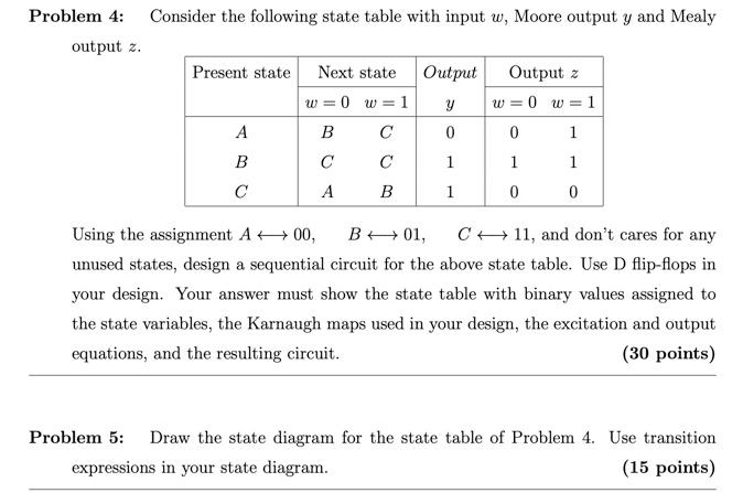 Solved Consider the following state table with input w, | Chegg.com