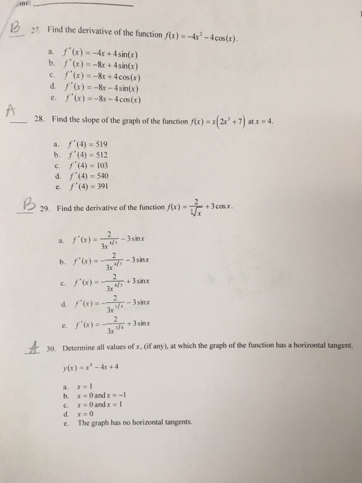 Solved 27. Find the derivative of the function f)x-4cos(). | Chegg.com