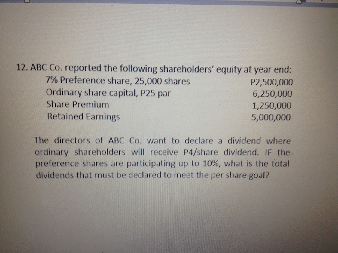 Solved 9. ABC Co. reported this shareholders' equity on | Chegg.com