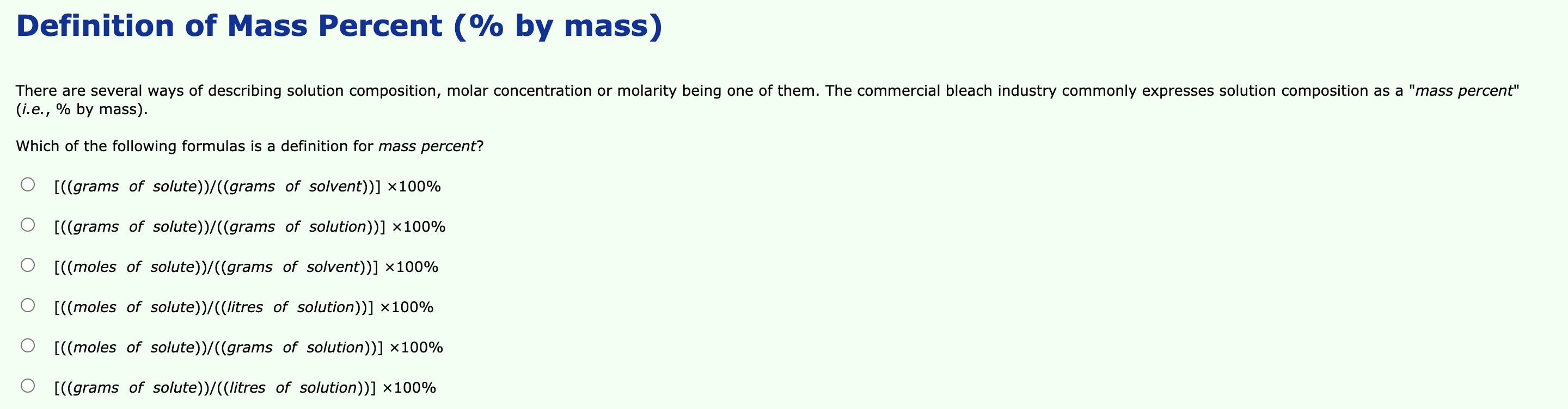 Solved Definition of Mass Percent (% by mass) There are | Chegg.com
