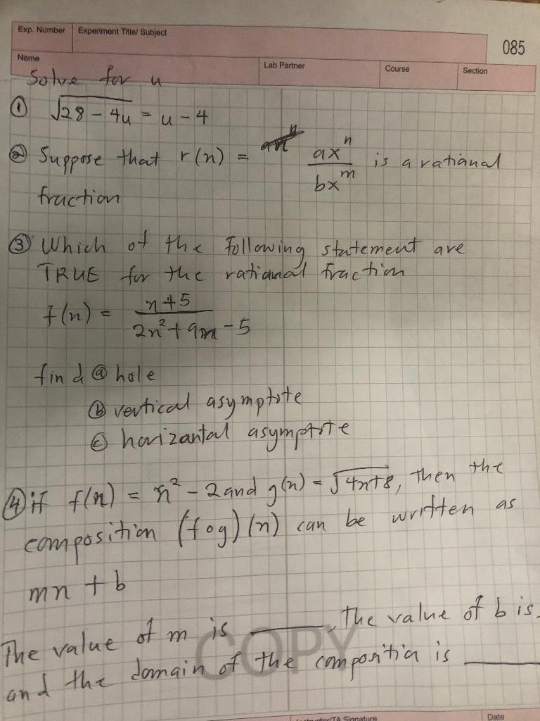 Solved Exp. Number Experiment Title/ Subject 085 Name Lab | Chegg.com