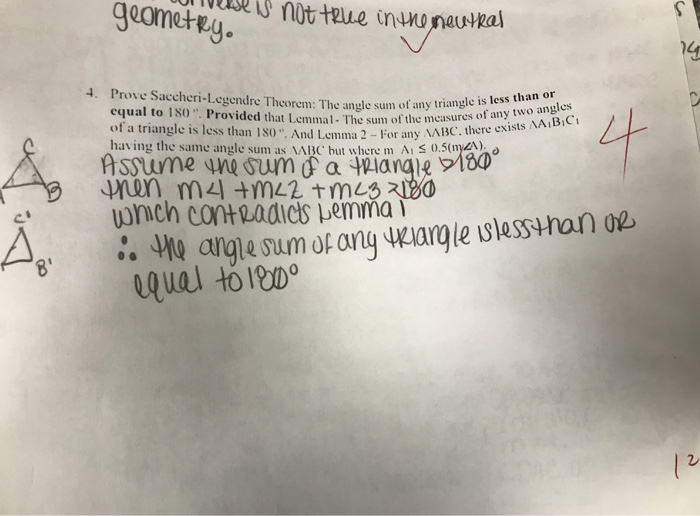 Solved 4. Prove Saccheri-Legendre Theorem: The angle sum of | Chegg.com