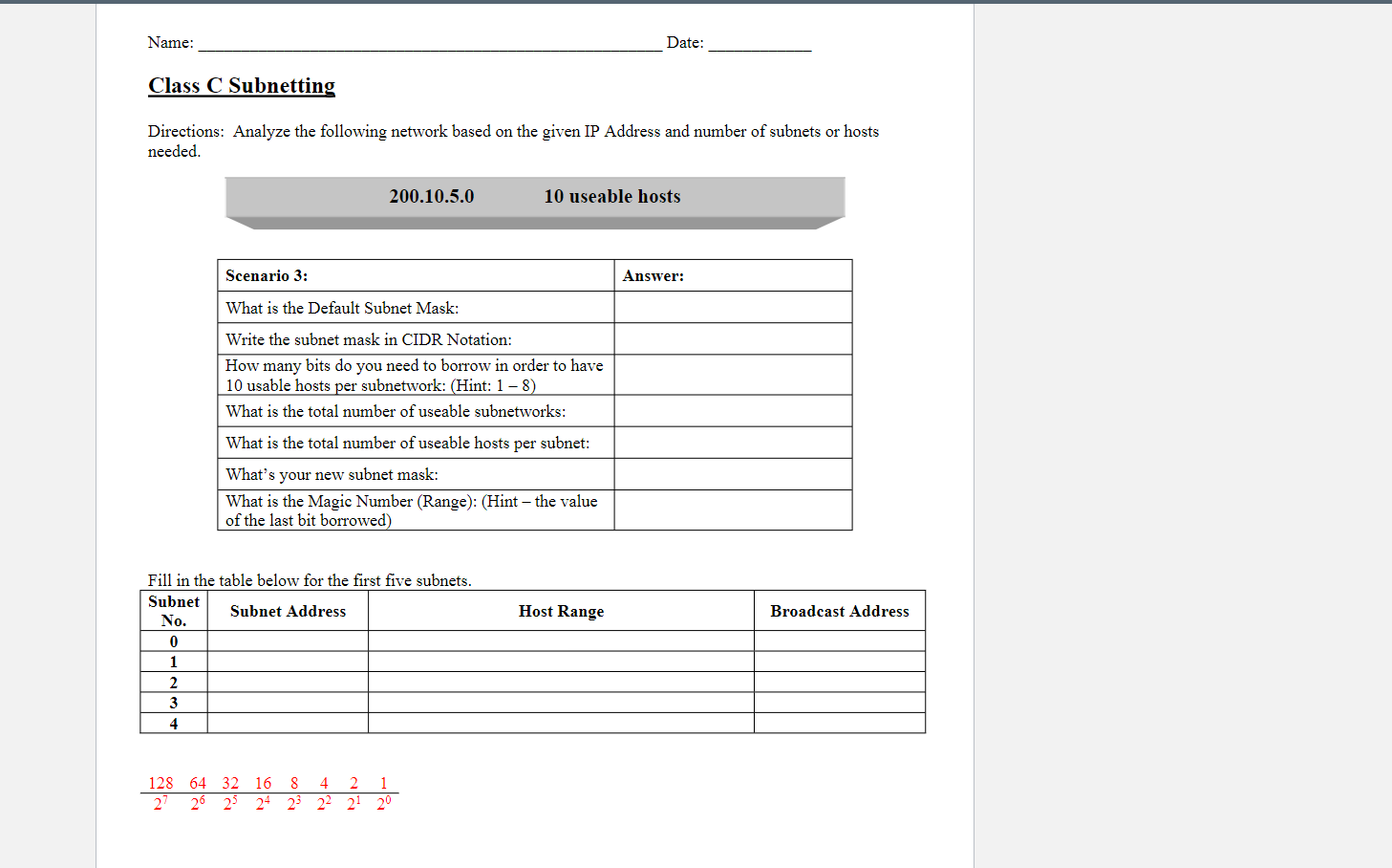 Solved Name: Date: Class C Subnetting Directions: Analyze | Chegg.com