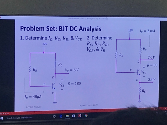 Solved Problem Set: BJT DC Analysis 1. Determine Ic, Rc, RB, | Chegg.com