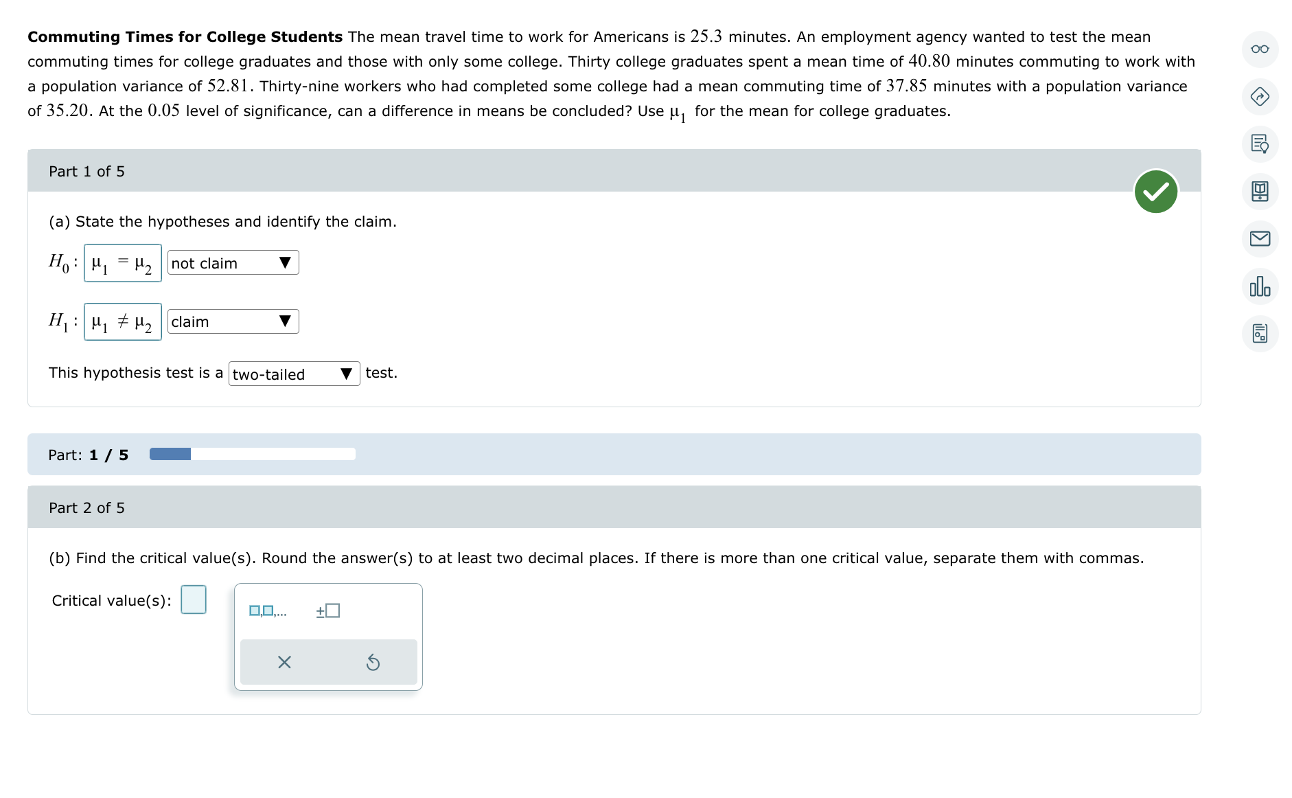 Solved Commuting Times for College Students The mean travel | Chegg.com