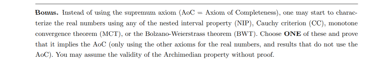 Solved Bonus. Instead of using the supremum axiom (AOC = | Chegg.com