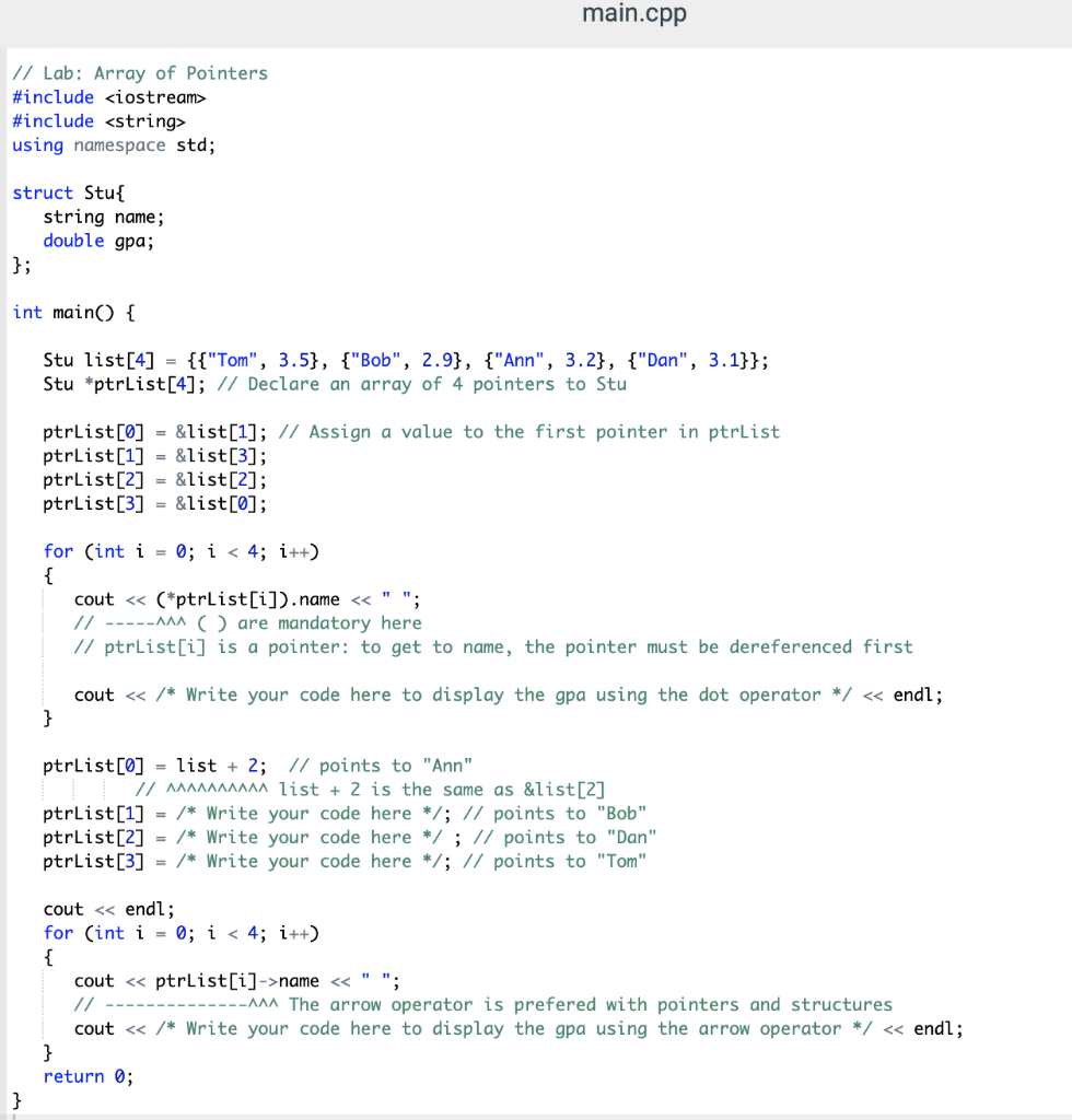 Solved main.cpp // Lab: Array of Pointers #include #include | Chegg.com