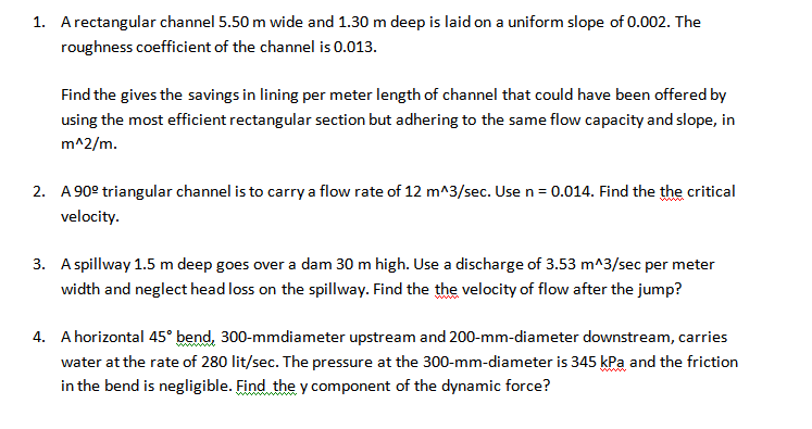 Solved 1. A rectangular channel 5.50 m wide and 1.30 m deep | Chegg.com