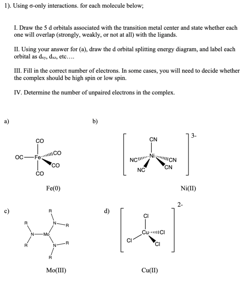 Solved OC- Fe.....lllCO 1). Using o-only interactions. for | Chegg.com