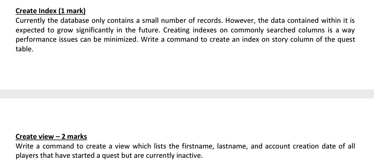 Solved Create Index (1 mark) Currently the database only | Chegg.com