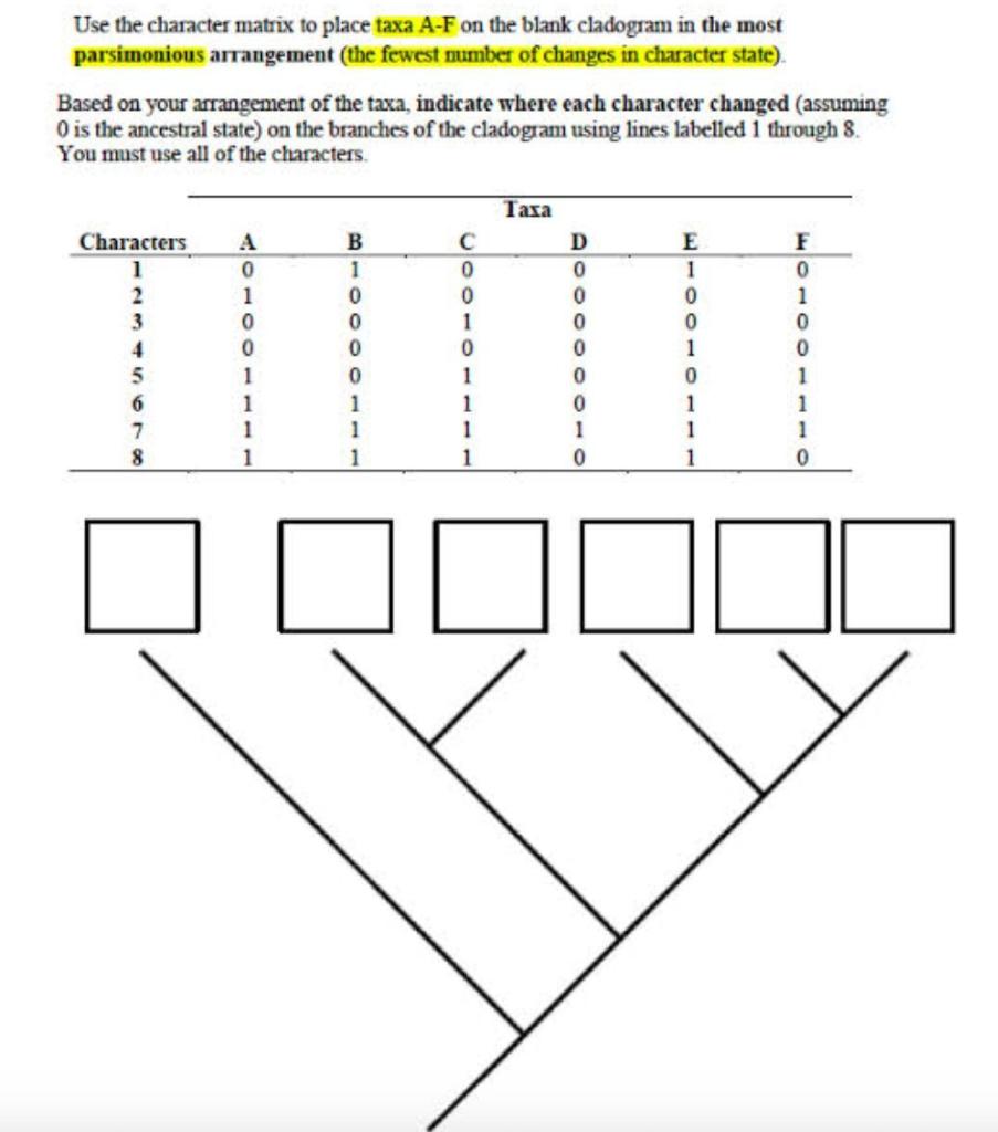 Solved Use the character matrix to place taxa A-F on the | Chegg.com