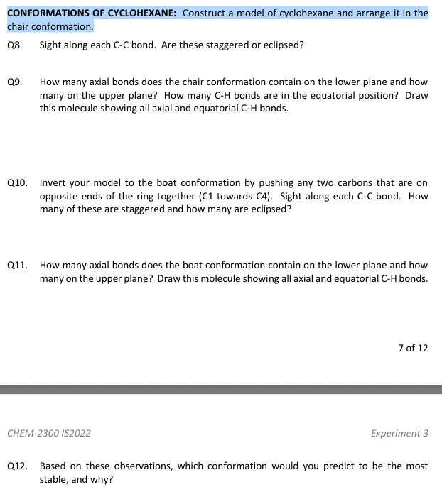 Solved CONFORMATIONS OF CYCLOHEXANE: Construct a model of | Chegg.com