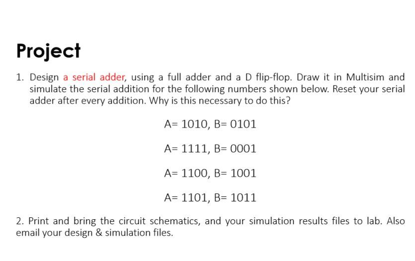 Project 1. Design a serial adder, using a full adder | Chegg.com