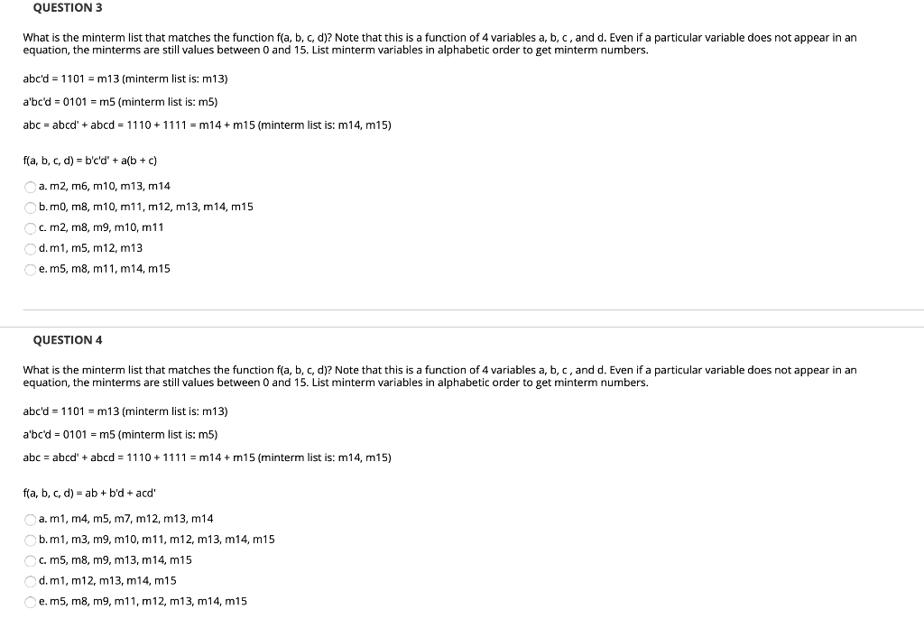 Solved QUESTION 3 What is the minterm list that matches the | Chegg.com
