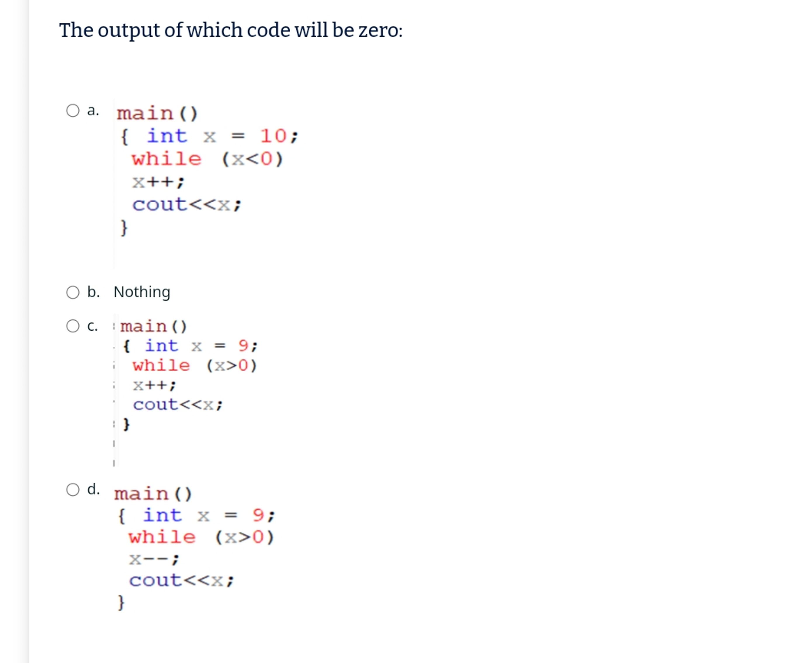Solved The output of which code will be zero:a.main (){ ﻿int | Chegg.com