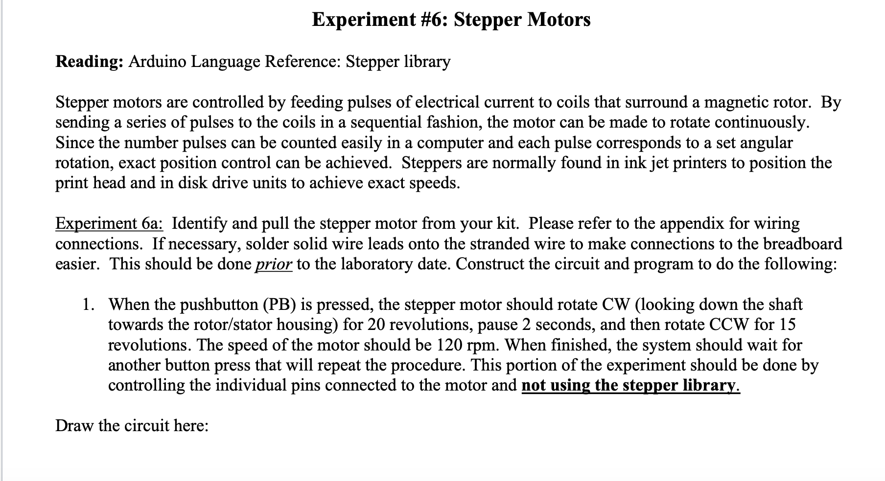 Experiment #6: Stepper Motors Reading: Arduino | Chegg.com