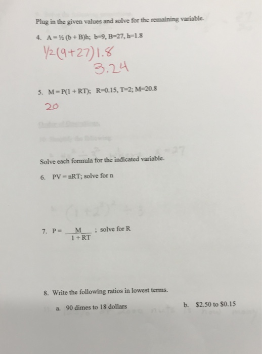 Solved Plug in the given values and solve for the remaining | Chegg.com