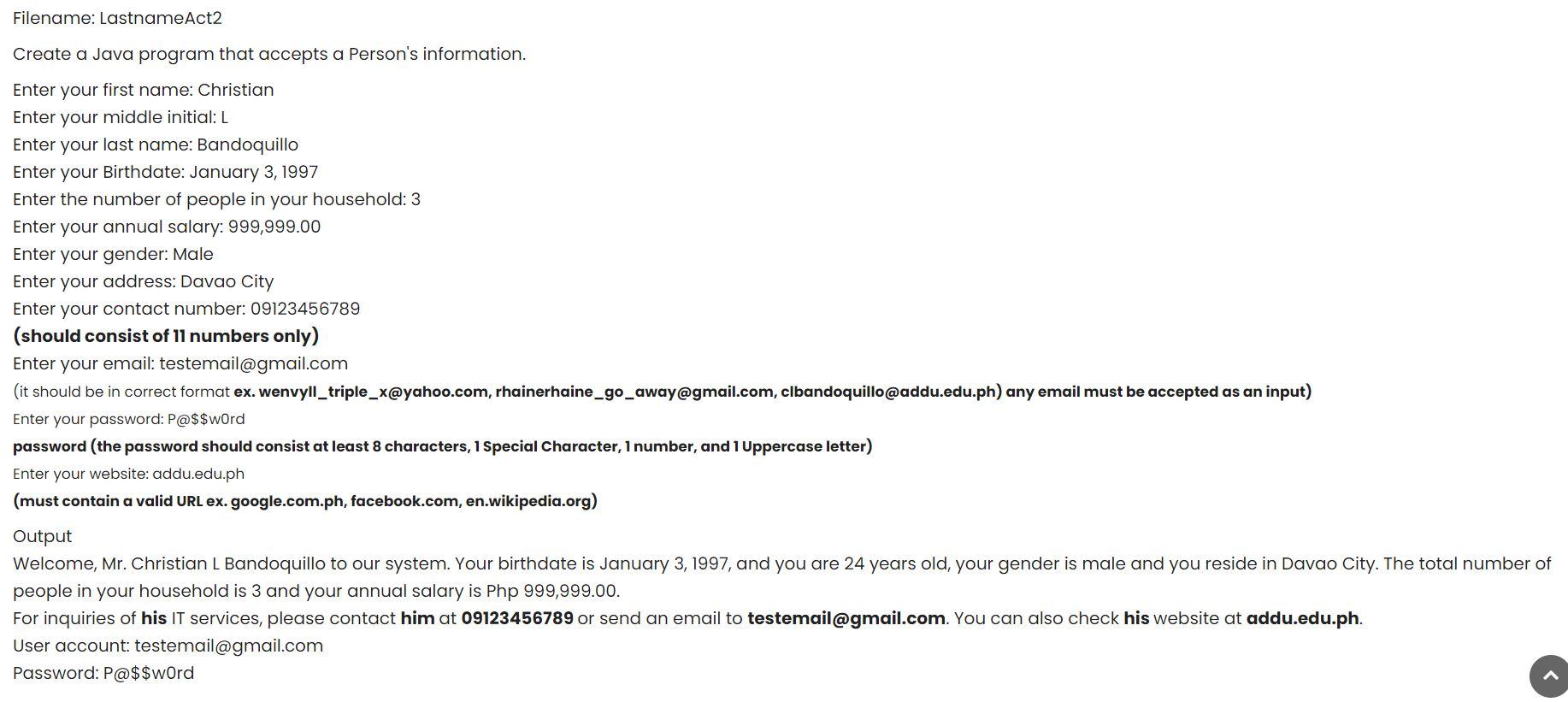 Solved Filename: LastnameAct2 Create a Java program that | Chegg.com