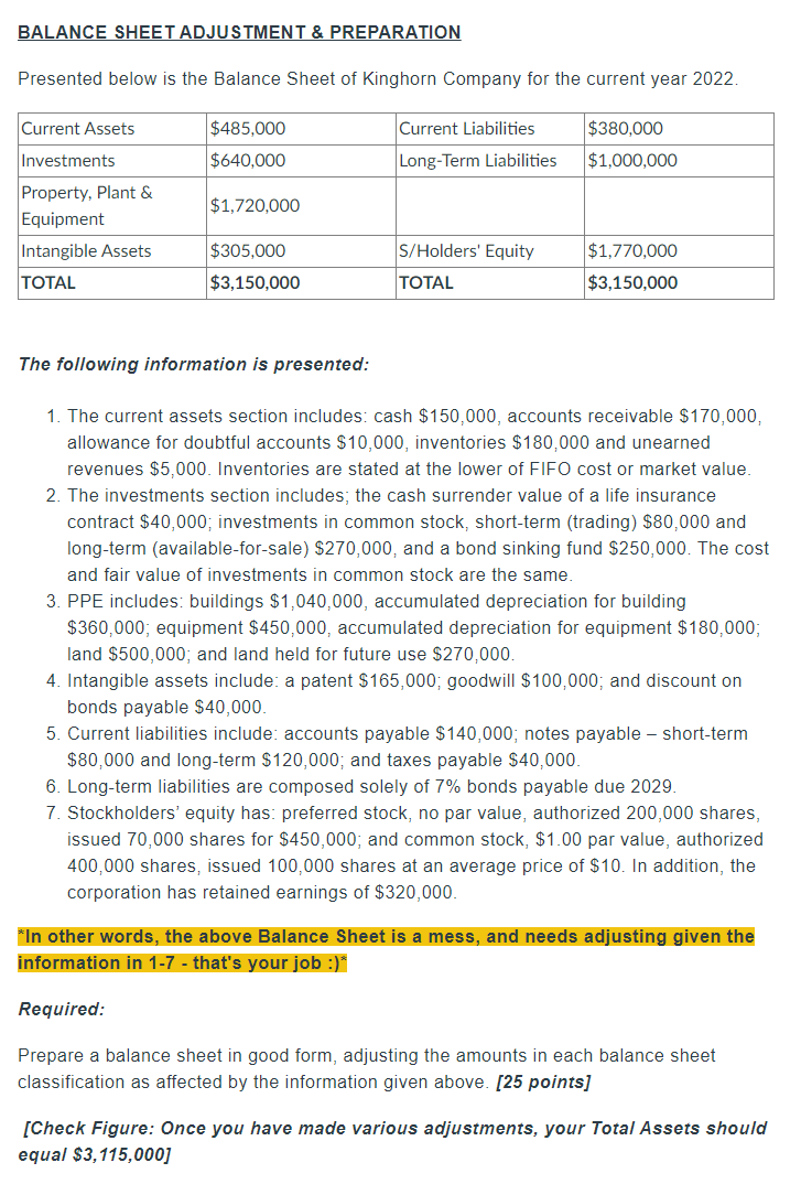 BALANCE SHEET ADJUSTMENT \& PREPARATION Presented | Chegg.com