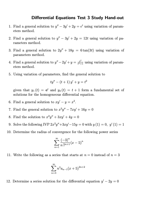 Solved Differential Equations Test 3 ﻿Study Hand-out | Chegg.com