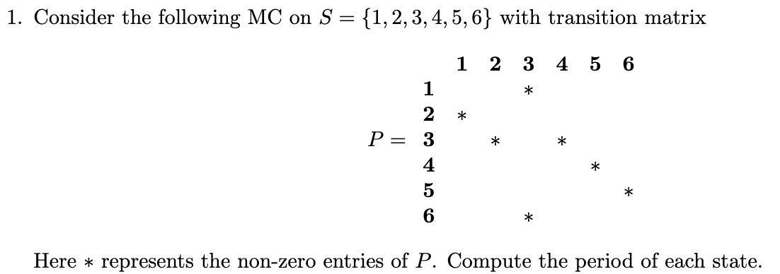 Solved 1. Consider the following MC on S = {1,2,3,4,5,6} | Chegg.com
