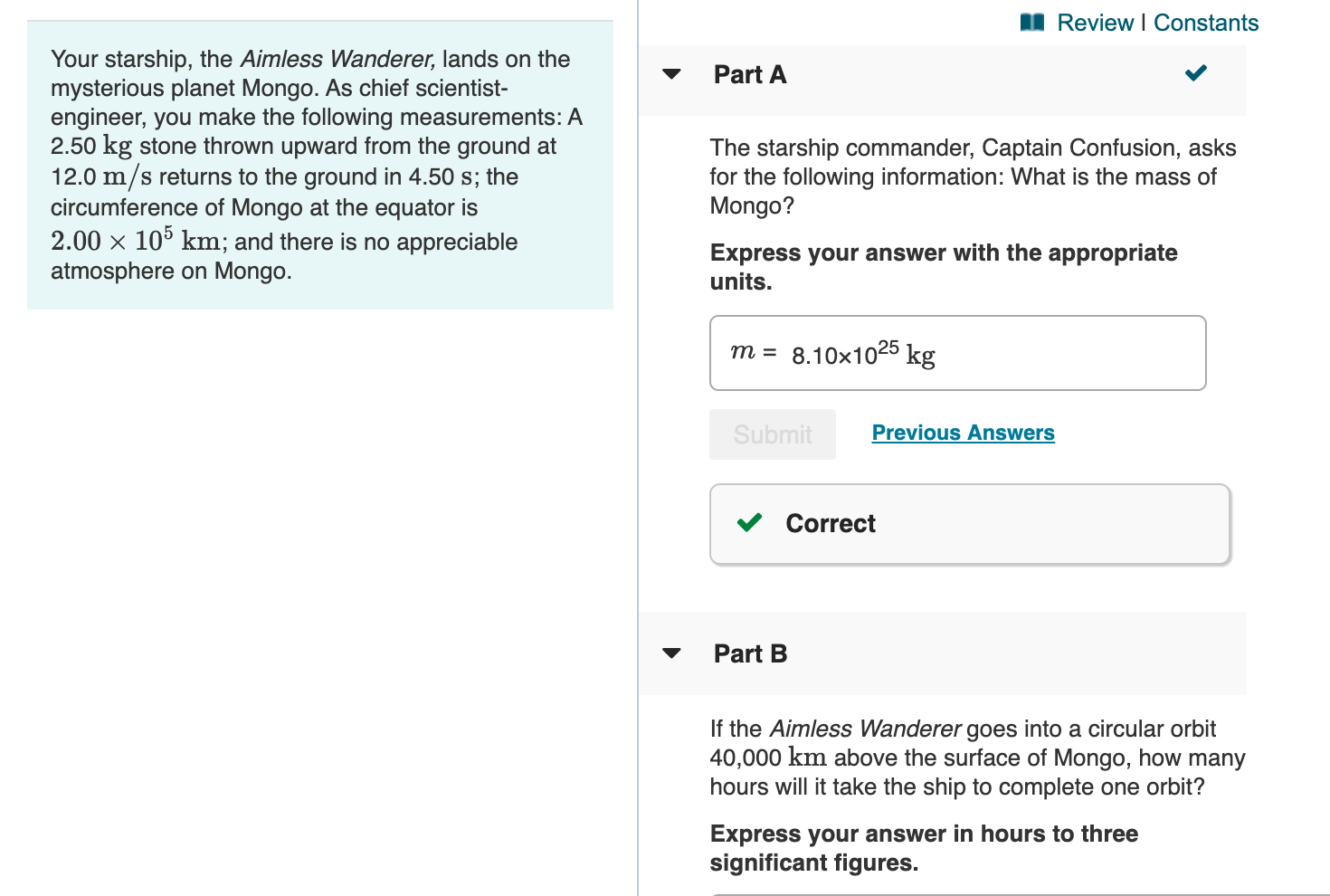 Solved Review | Constants Part A Your starship, the Aimless | Chegg.com