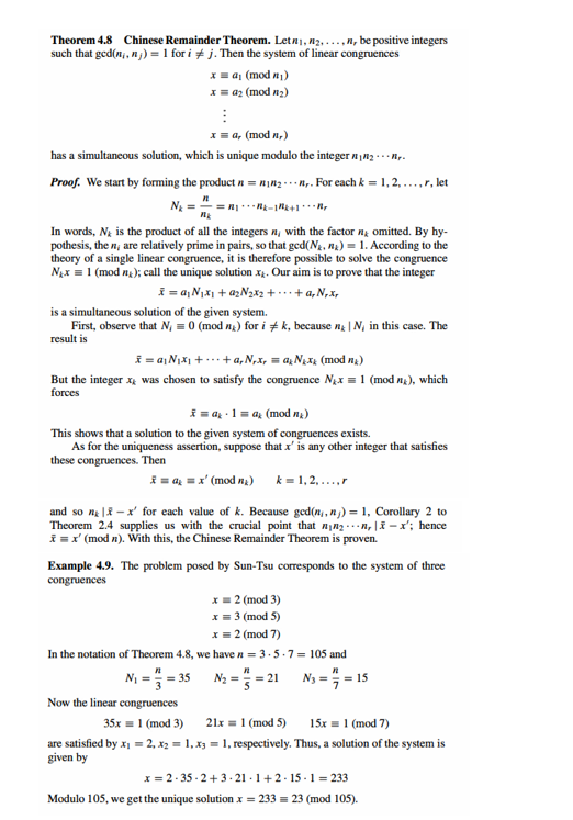 Theorem 4.8 Chinese Remainder Theorem. Let n1,n2,…,n, | Chegg.com