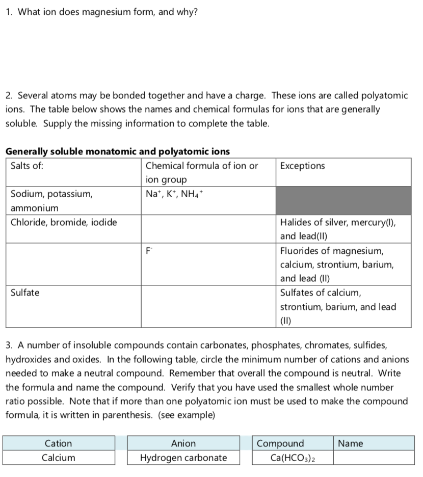 Solved 1. What ion does magnesium form, and why? 2. Several | Chegg.com