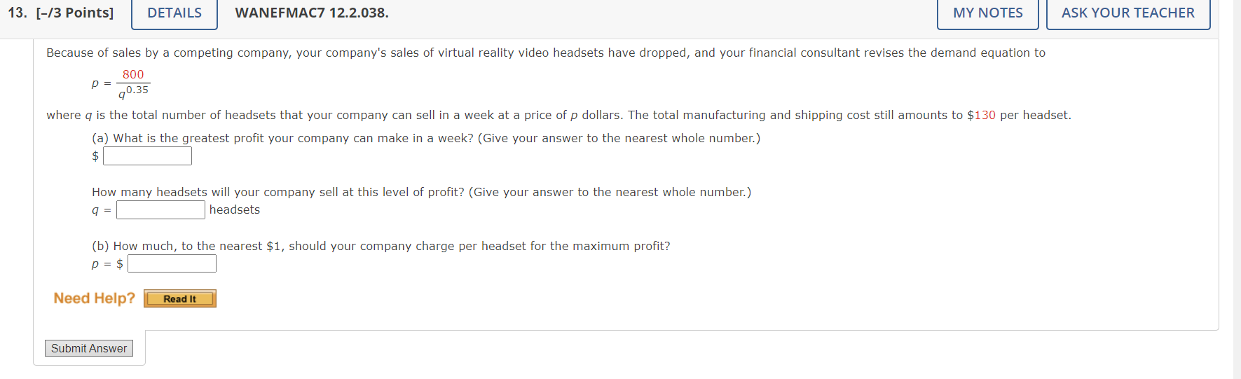 Solved p=q0.35800 (a) What is the greatest profit your | Chegg.com