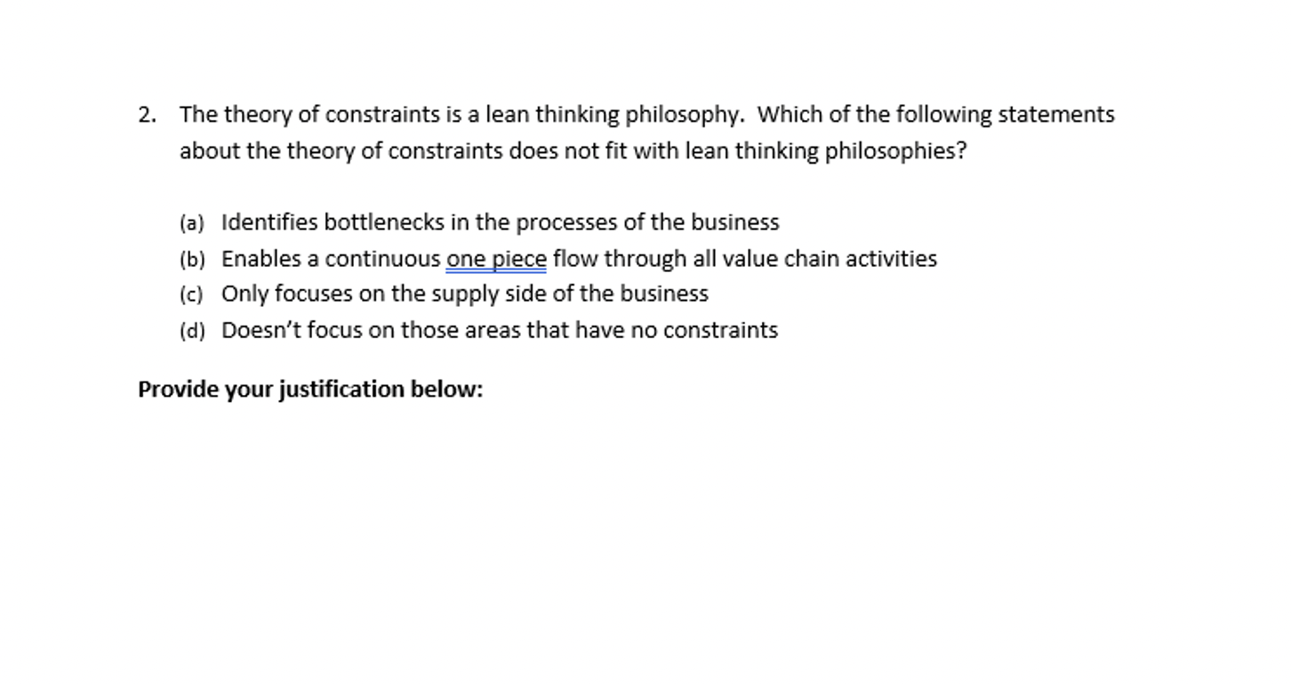 Solved 2. The theory of constraints is a lean thinking | Chegg.com