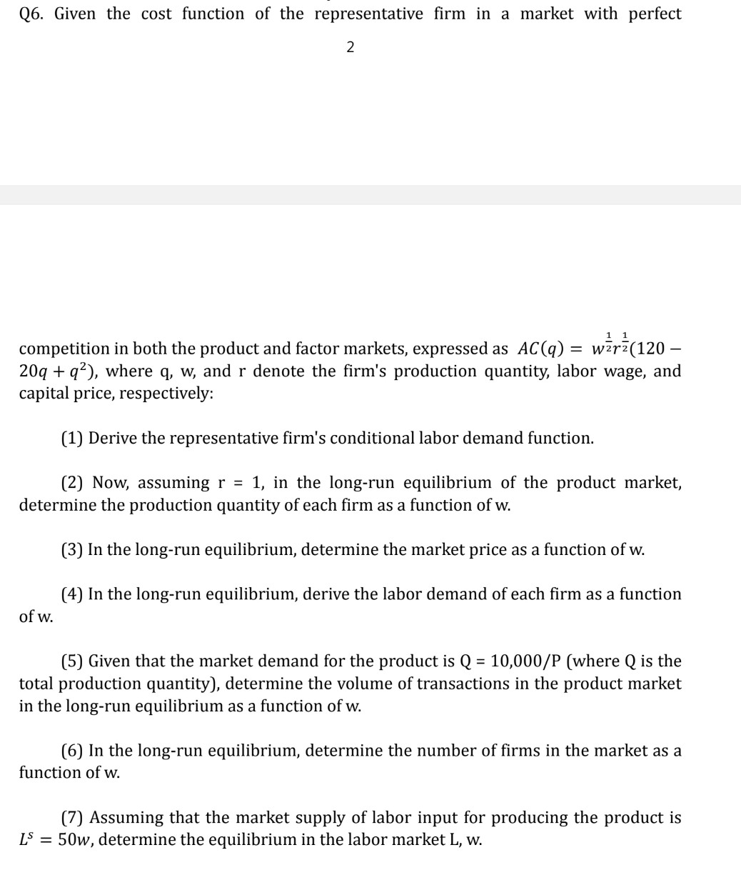 Solved Q6. Given the cost function of the representative | Chegg.com