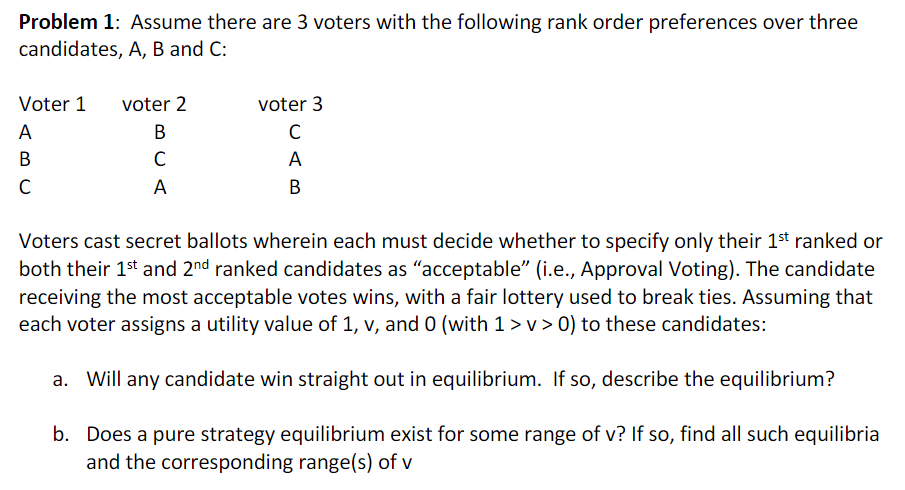 Problem 1: Assume there are 3 voters with the | Chegg.com