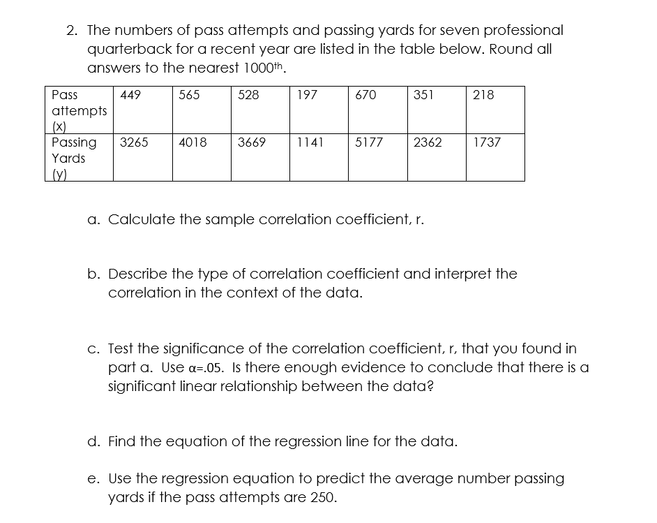 Solved 2. The numbers of pass attempts and passing yards for | Chegg.com