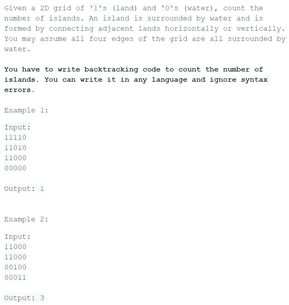 Given a 2D grid of 'l's (land) and 'O's (water), | Chegg.com