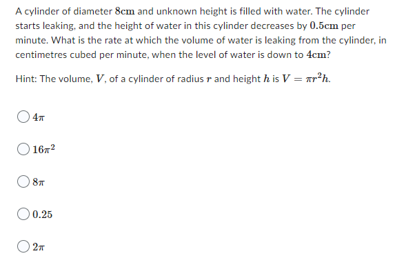 Solved A cylinder of diameter 8 cm and unknown height is | Chegg.com