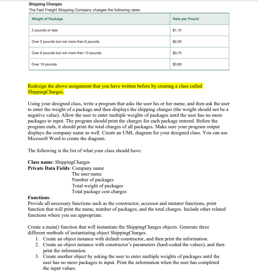 Solved Shipping Charges The Fast Freight Shipping Company | Chegg.com