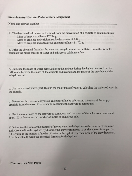 Solved Stoichiometry Hydrates Prelaboratory Assignment Name
