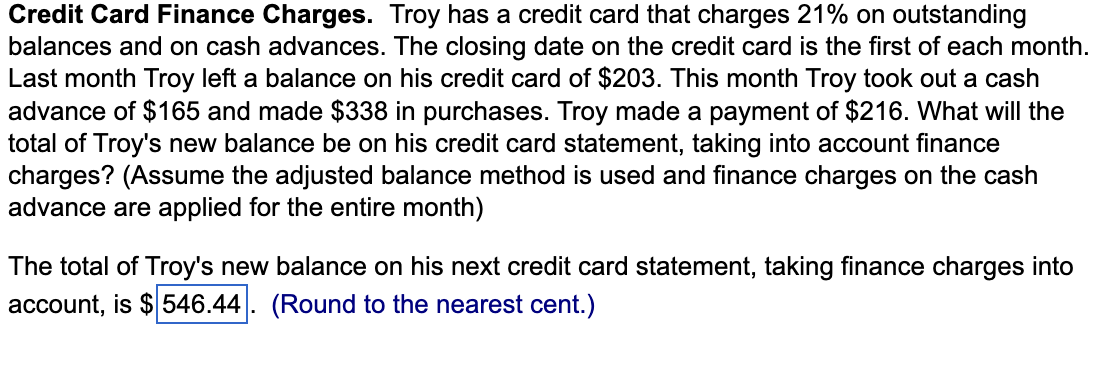 Solved Credit Card Finance Charges. Troy has a credit card | Chegg.com