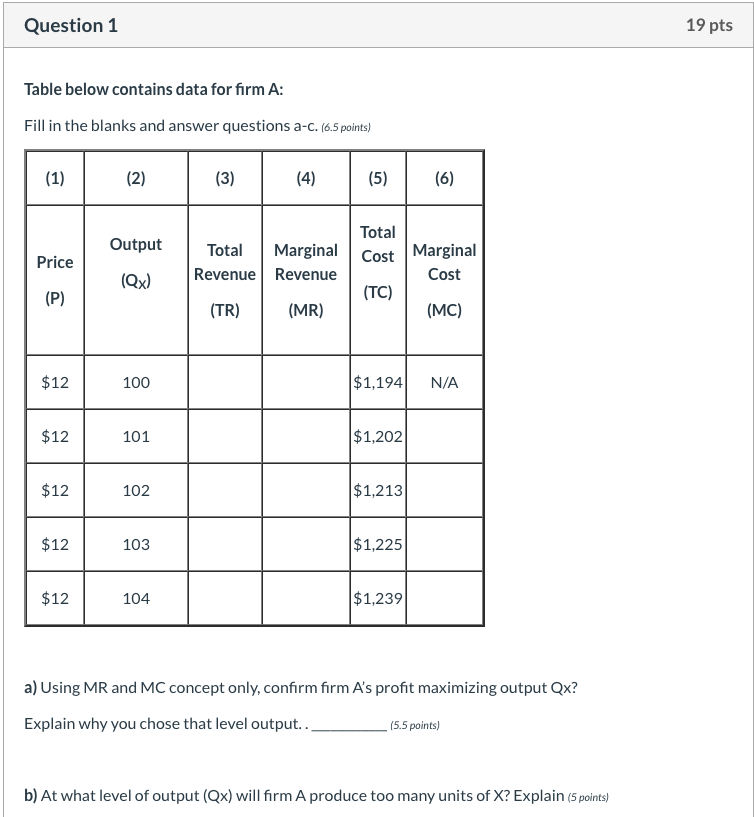 Solved Question 1 19 pts Table below contains data for firm | Chegg.com