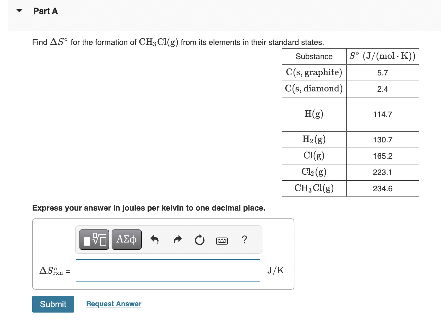 Solved Find ΔS∘ for the formation of CH3Cl(g) from its | Chegg.com