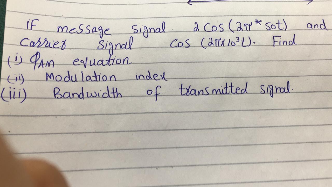Solved if message signal 2cos(2π∗ sot ) and carrier signal | Chegg.com