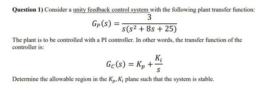 Solved Question 1) Consider a unity feedback control system | Chegg.com