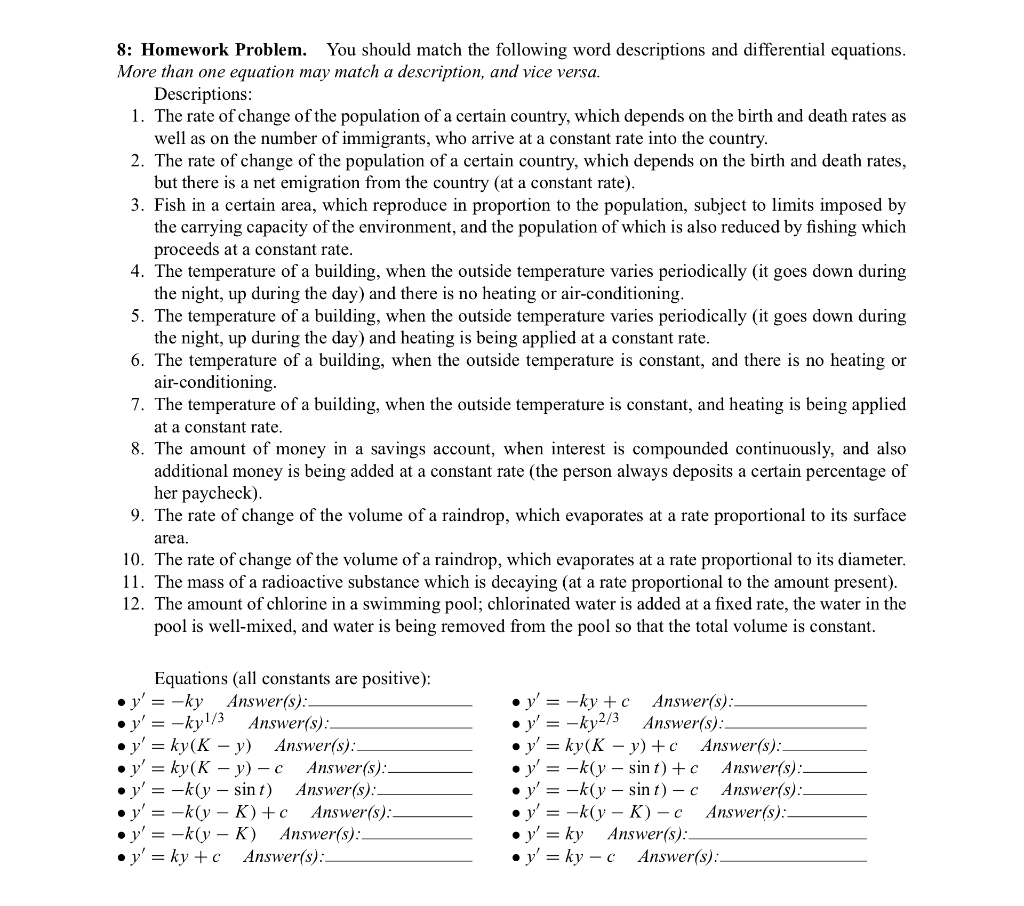 Solved differential equations class- match the word problem | Chegg.com