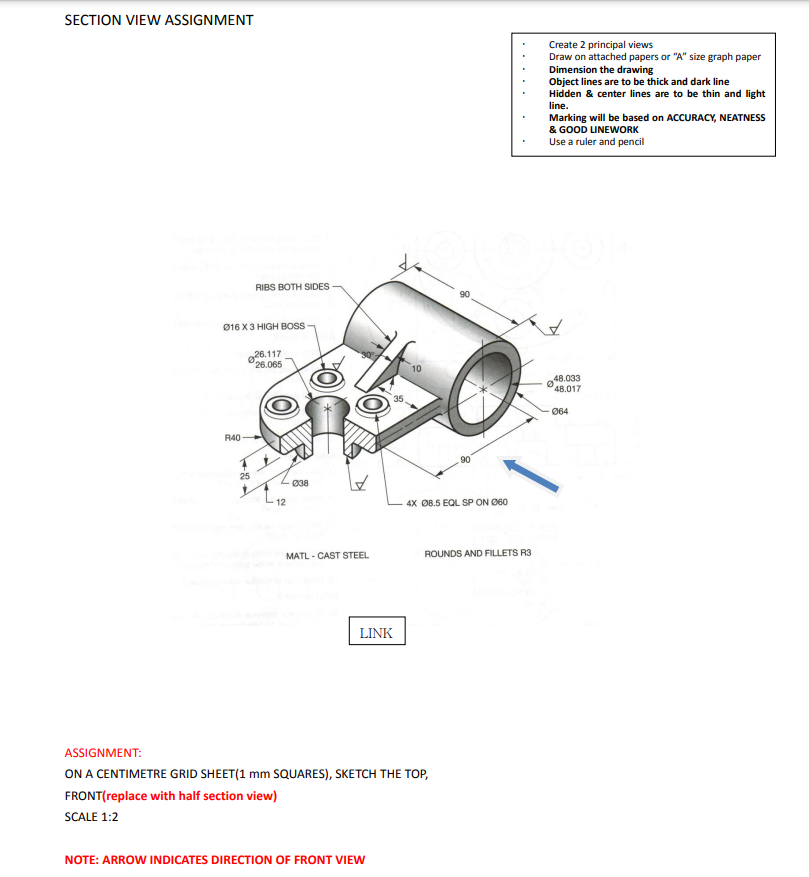 Solved SECTION VIEW ASSIGNMENT Create 2 principal views Draw | Chegg.com