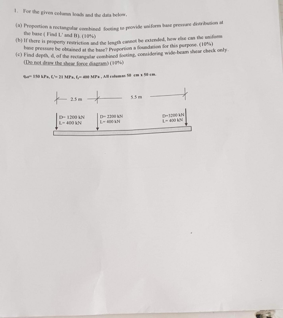 1. For the given column loads and the data below, (a) | Chegg.com