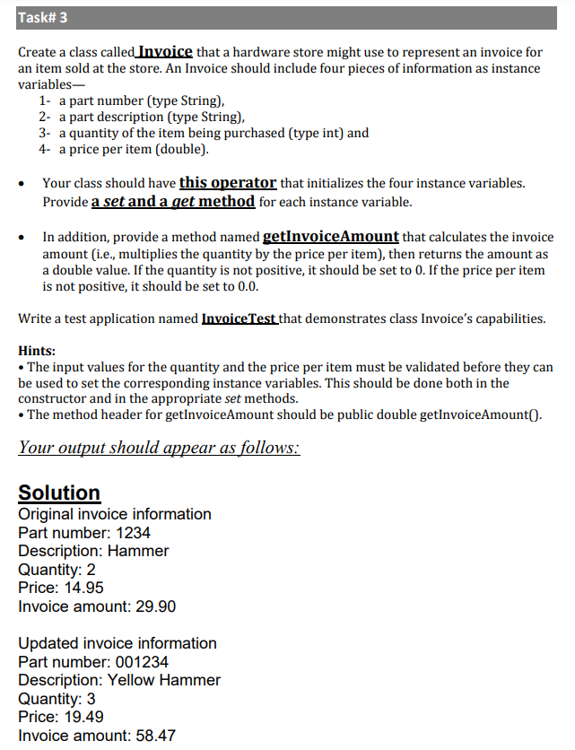 Solved Task# 3 Create a class called Invoice that a hardware | Chegg.com