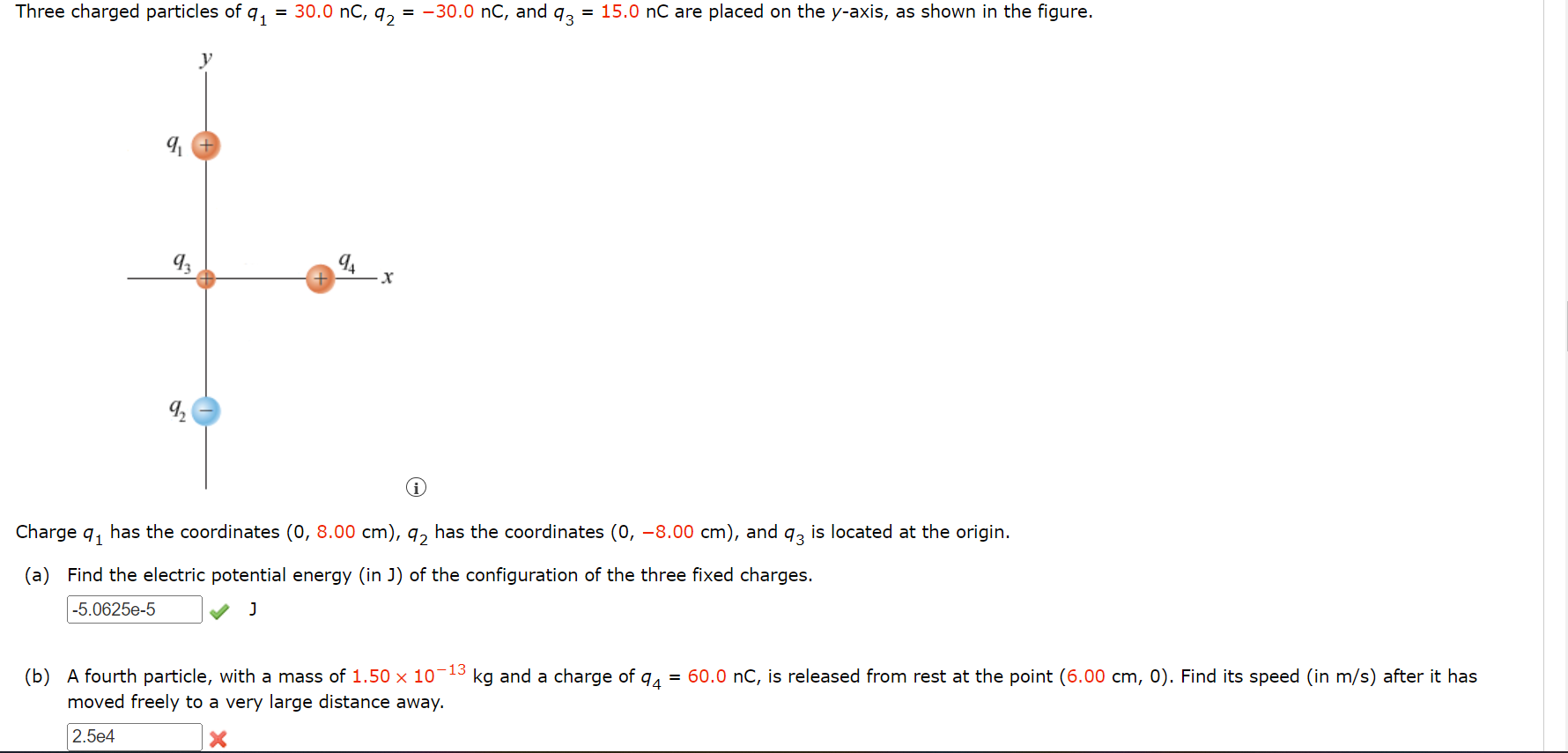 Solved Three charged particles of q1=30.0nC,q2=−30.0nC, and | Chegg.com