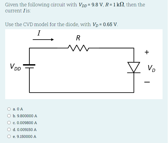 Solved Given the following circuit with VDD=9.8 V,R=1kΩ, | Chegg.com
